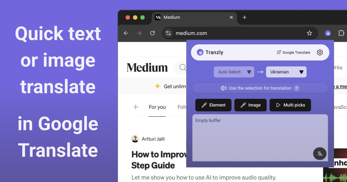 Selecting texts on websites and translate | Tranzly